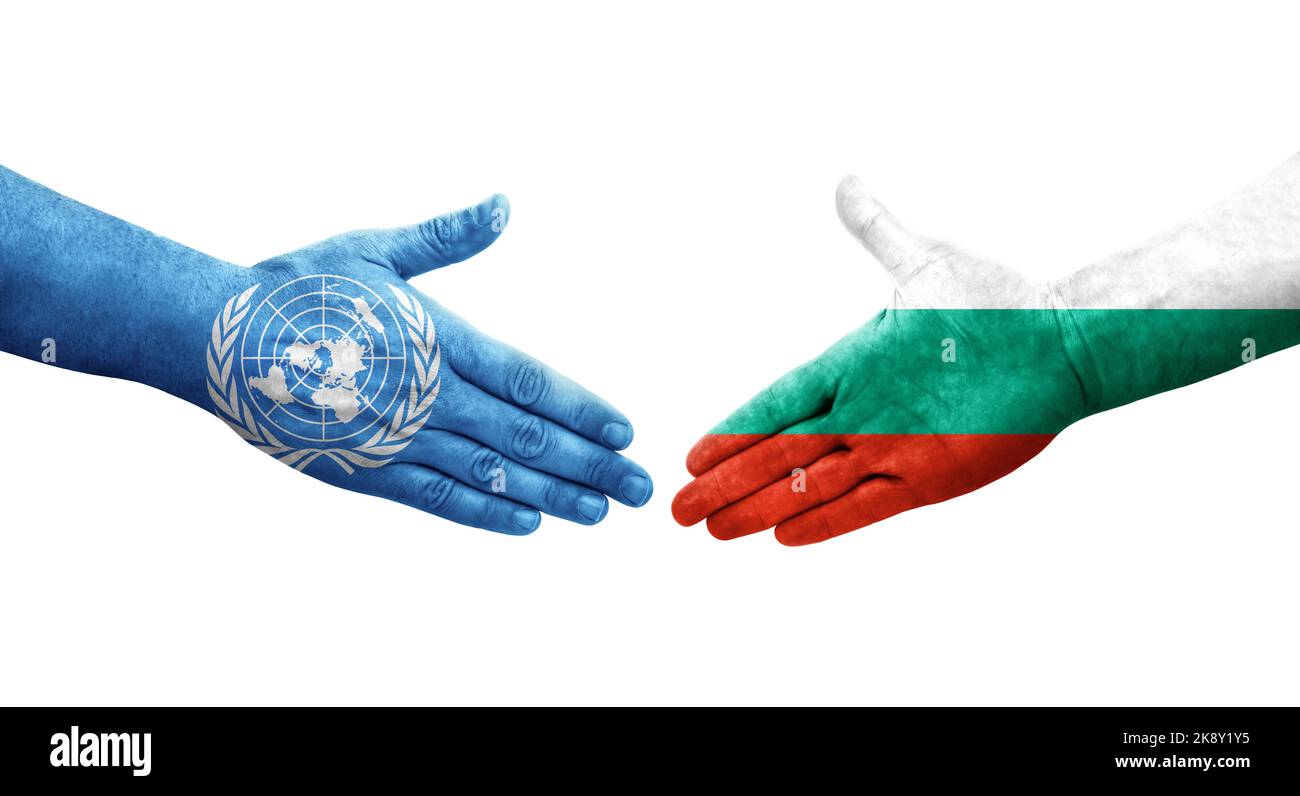 Handshake between Bulgaria and United Nations flags painted on hands ...