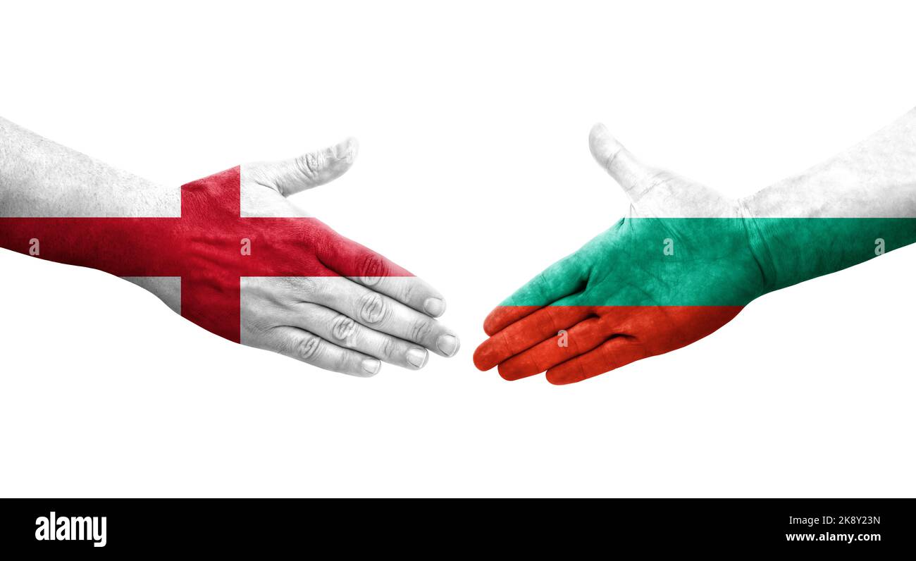 Handshake between Bulgaria and England flags painted on hands, isolated ...