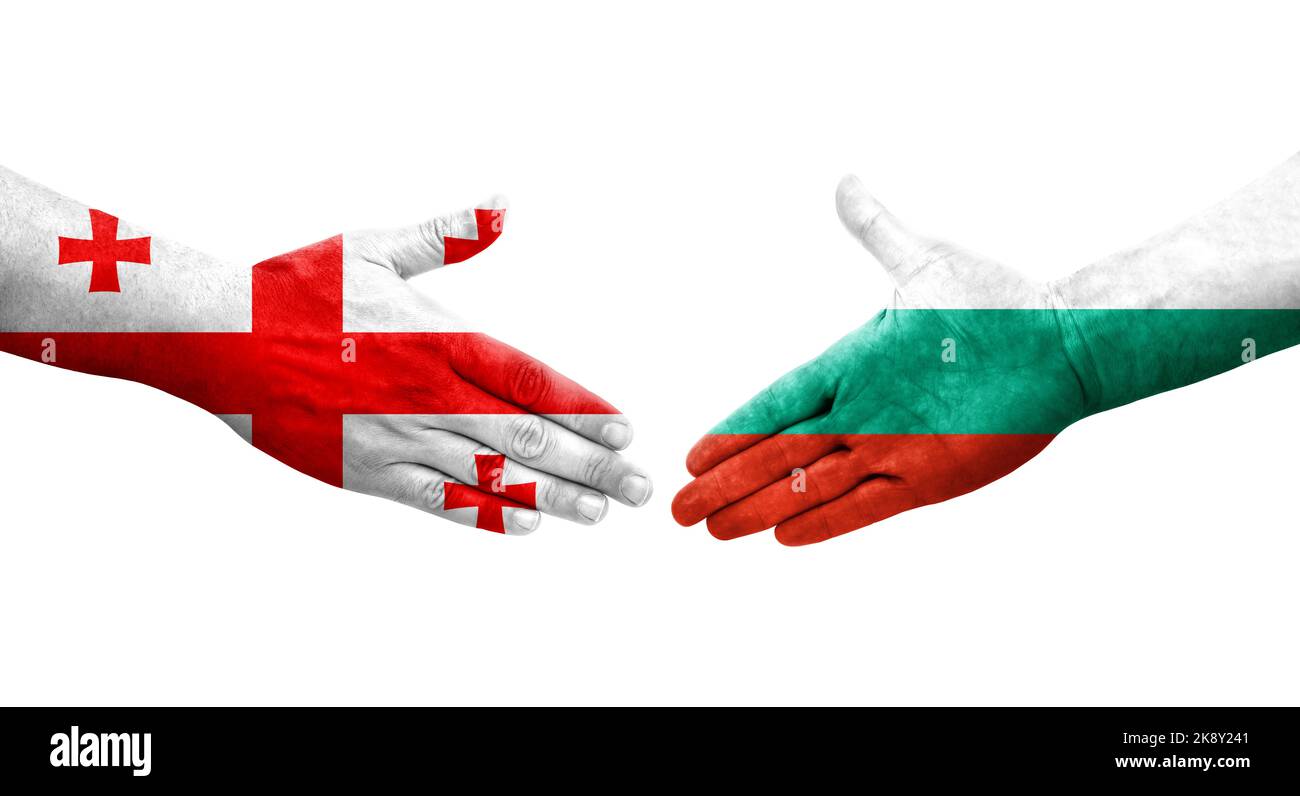 Handshake between Bulgaria and Georgia flags painted on hands, isolated ...