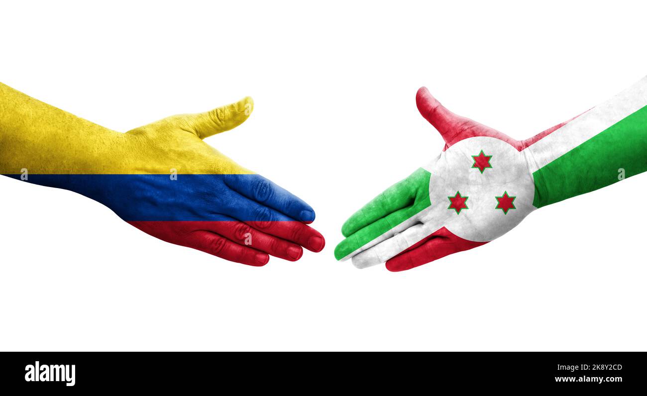 Handshake between Burundi and Colombia flags painted on hands, isolated ...