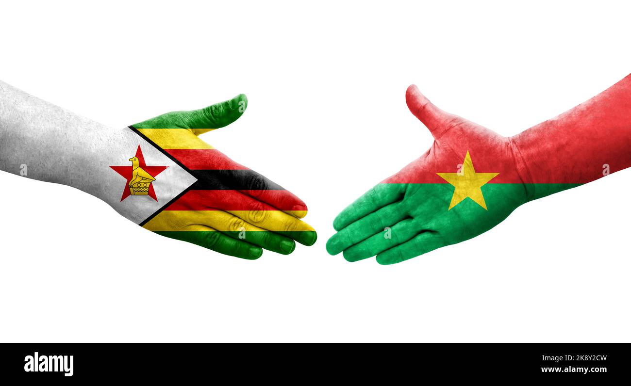 Handshake between Burkina Faso and Zimbabwe flags painted on hands ...