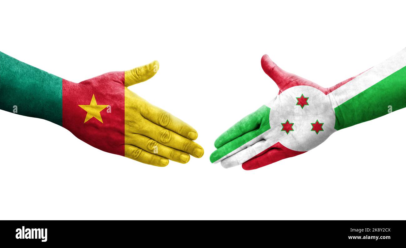 Handshake between Burundi and Cameroon flags painted on hands, isolated ...