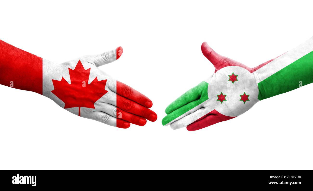 Handshake between Burundi and Canada flags painted on hands, isolated ...