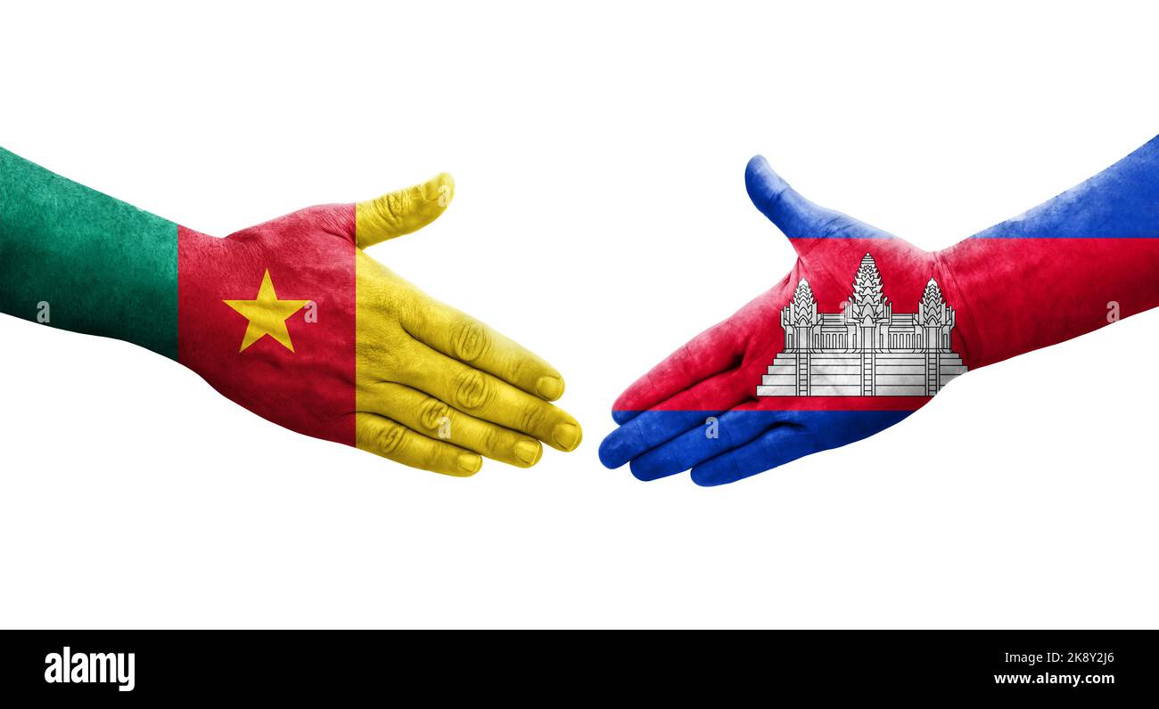 Handshake between Cambodia and Cameroon flags painted on hands ...