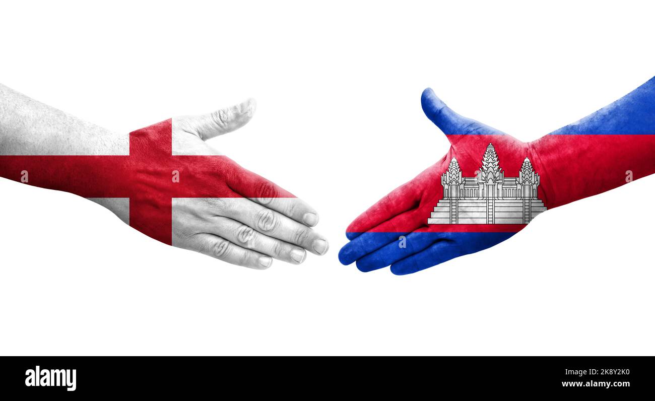 Handshake between Cambodia and England flags painted on hands, isolated ...