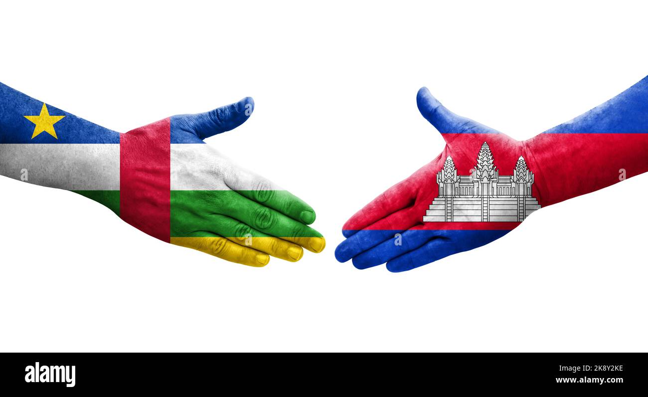 Handshake between Cambodia and Central African Republic flags painted ...
