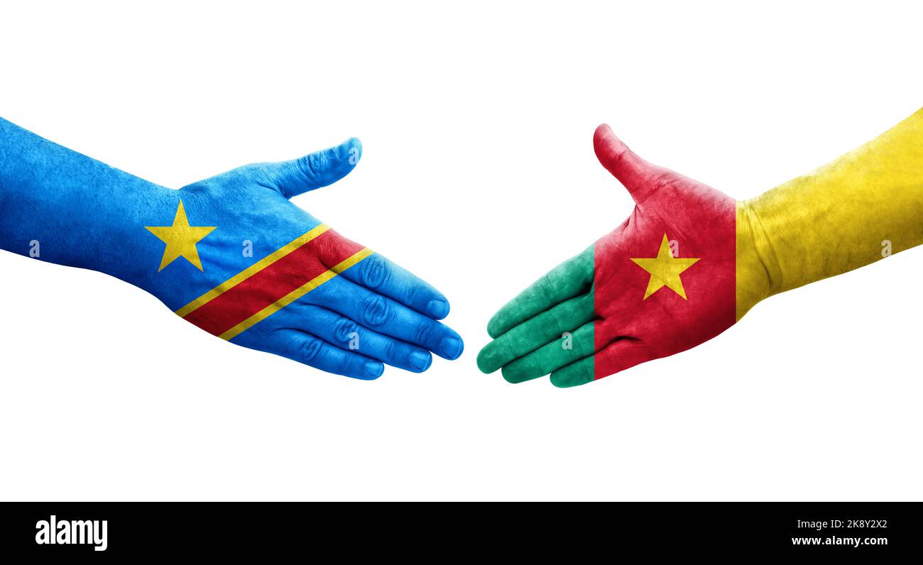Handshake between Cameroon and Dr Congo flags painted on hands ...