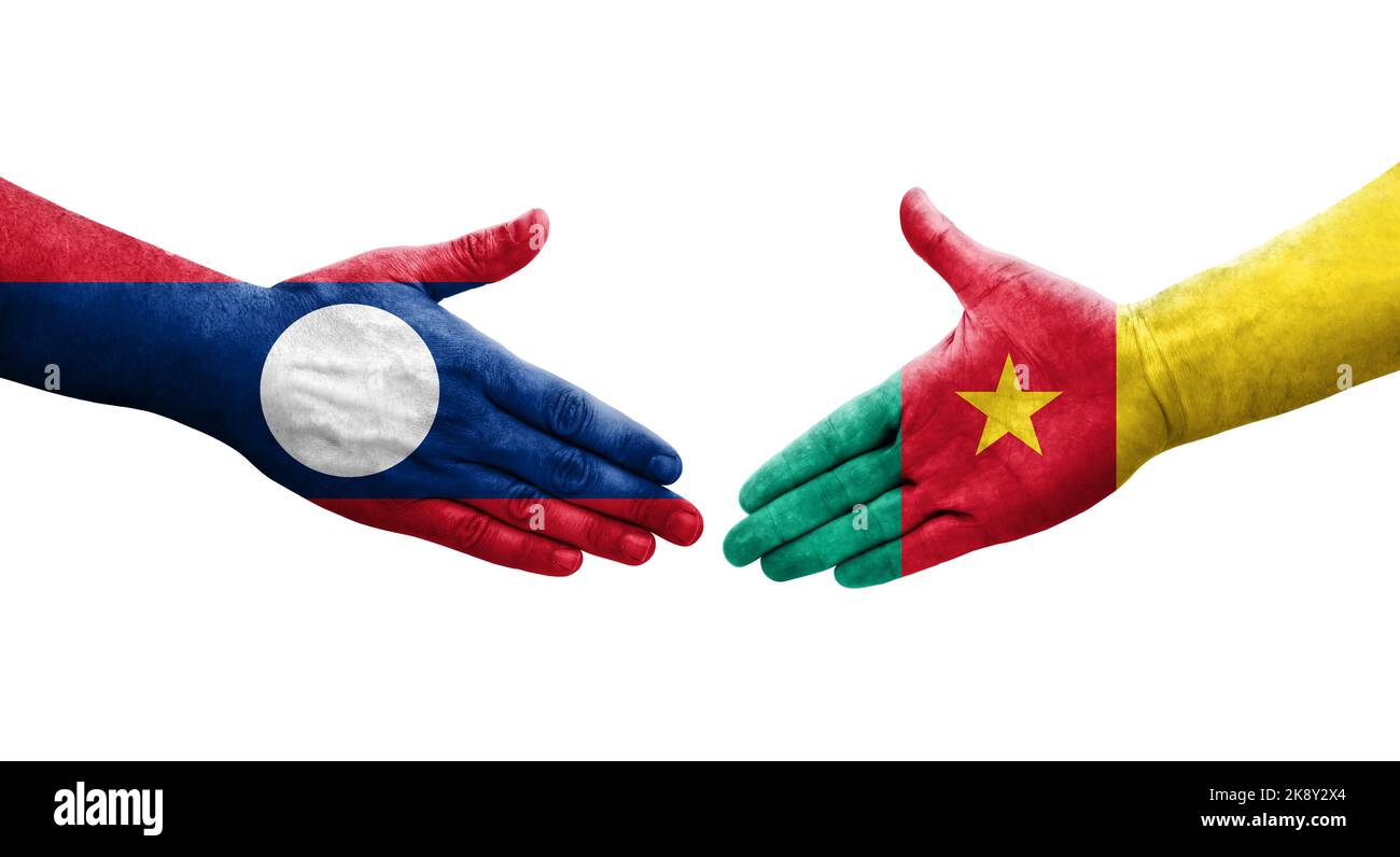 Handshake between Cameroon and Laos flags painted on hands, isolated ...