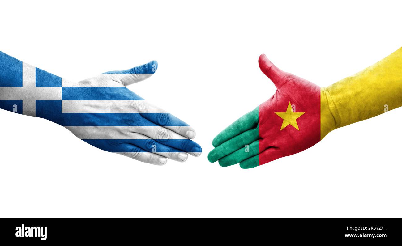 Handshake between Cameroon and Greece flags painted on hands, isolated ...
