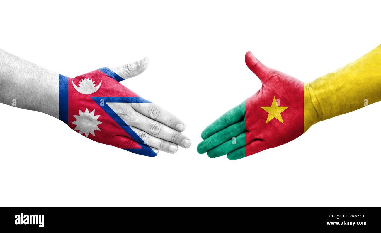 Handshake between Cameroon and Nepal flags painted on hands, isolated ...