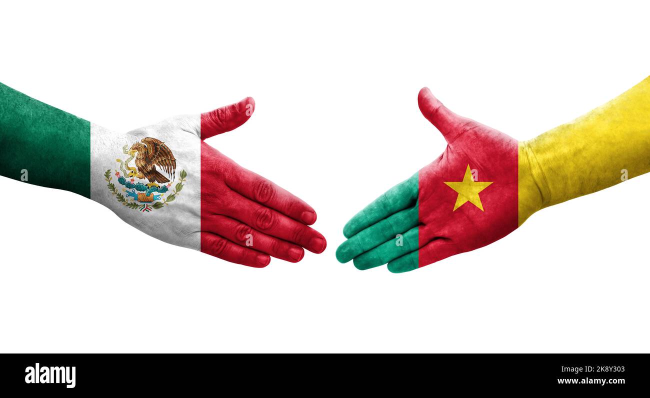 Handshake between Cameroon and Mexico flags painted on hands, isolated ...
