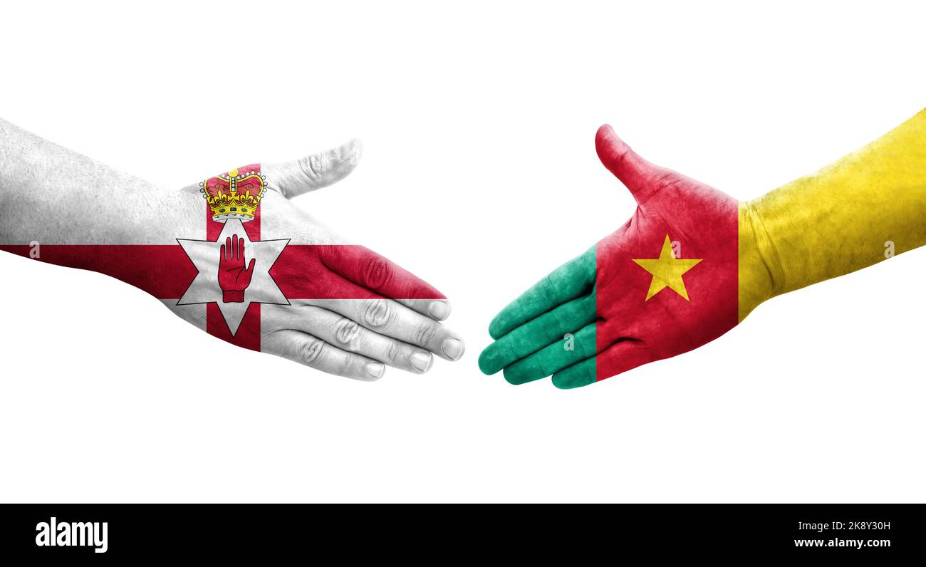 Handshake between Cameroon and Northern Ireland flags painted on hands ...