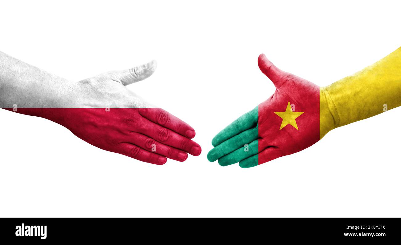 Handshake between Cameroon and Poland flags painted on hands, isolated ...