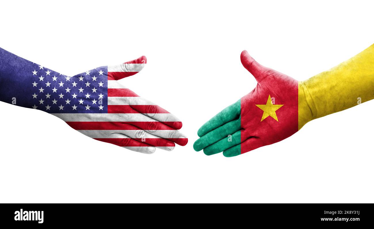 Handshake between Cameroon and USA flags painted on hands, isolated ...