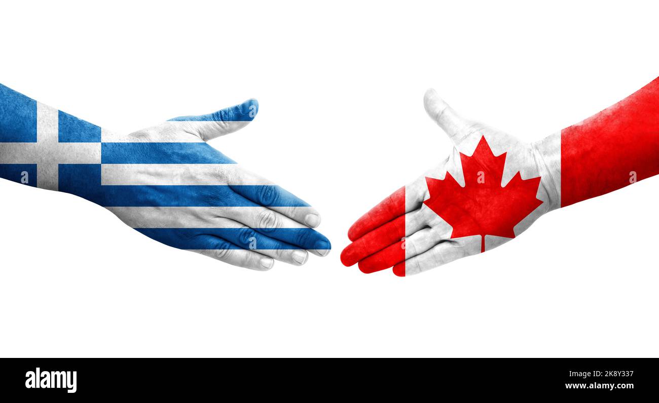 Handshake between Canada and Greece flags painted on hands, isolated ...