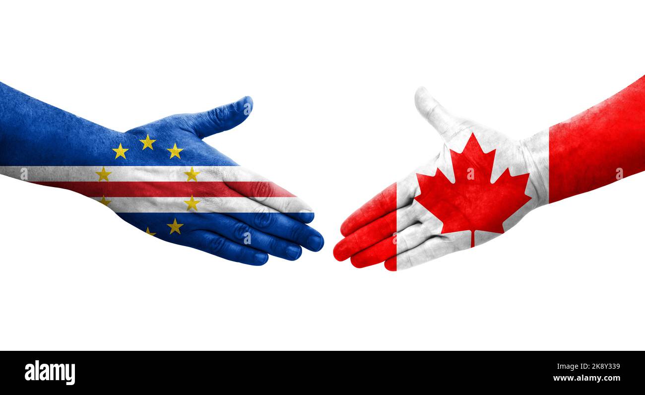 Handshake between Canada and Cape Verde flags painted on hands ...