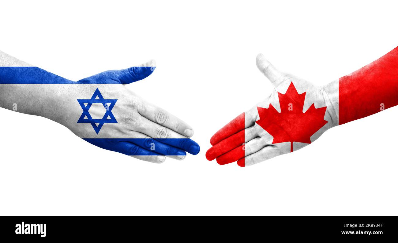 Handshake between Canada and Israel flags painted on hands, isolated ...