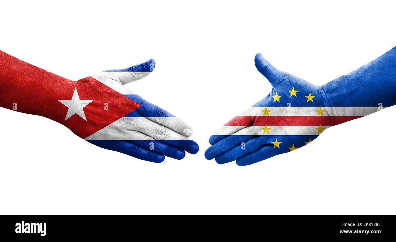 Handshake between Cape Verde and Cuba flags painted on hands, isolated ...