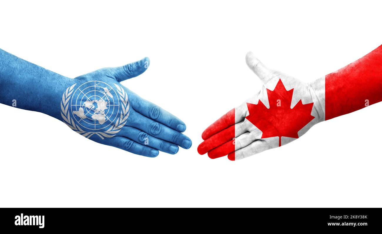 Handshake between Canada and United Nations flags painted on hands ...