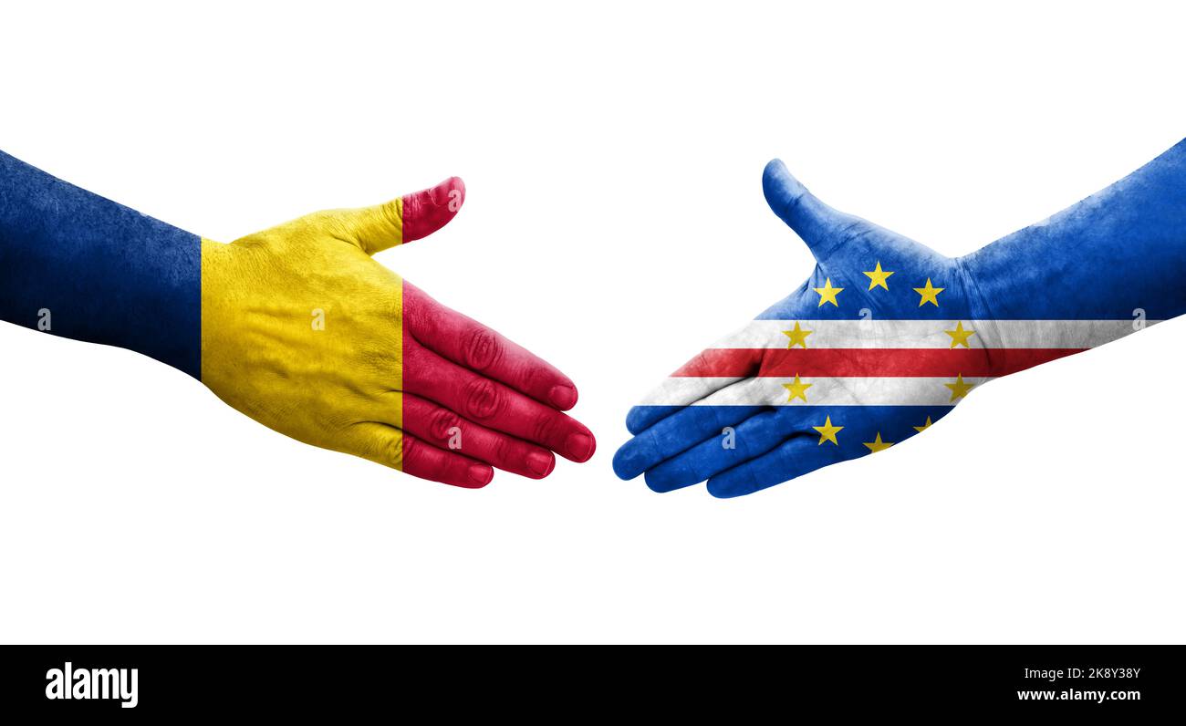 Handshake between Cape Verde and Chad flags painted on hands, isolated ...