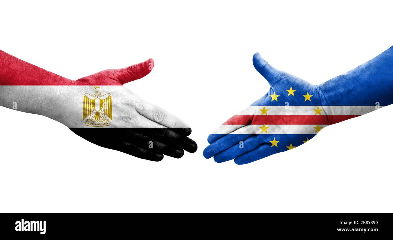 Handshake between Cape Verde and Egypt flags painted on hands, isolated ...
