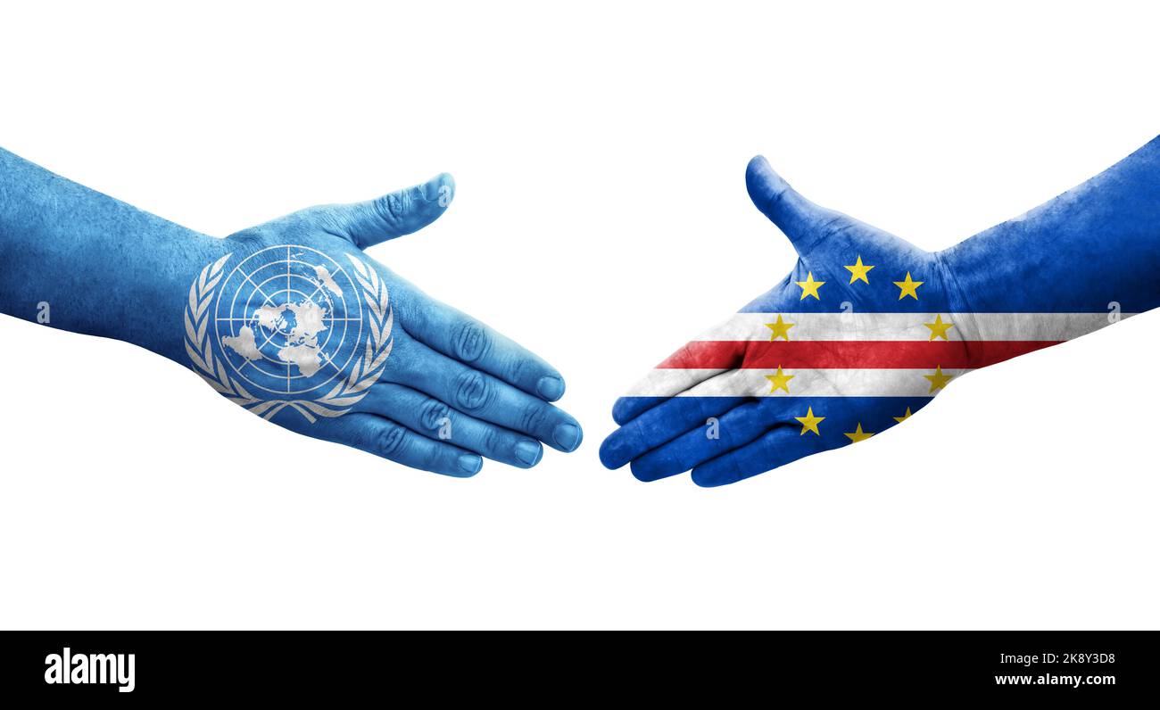 Handshake between Cape Verde and United Nations flags painted on hands ...