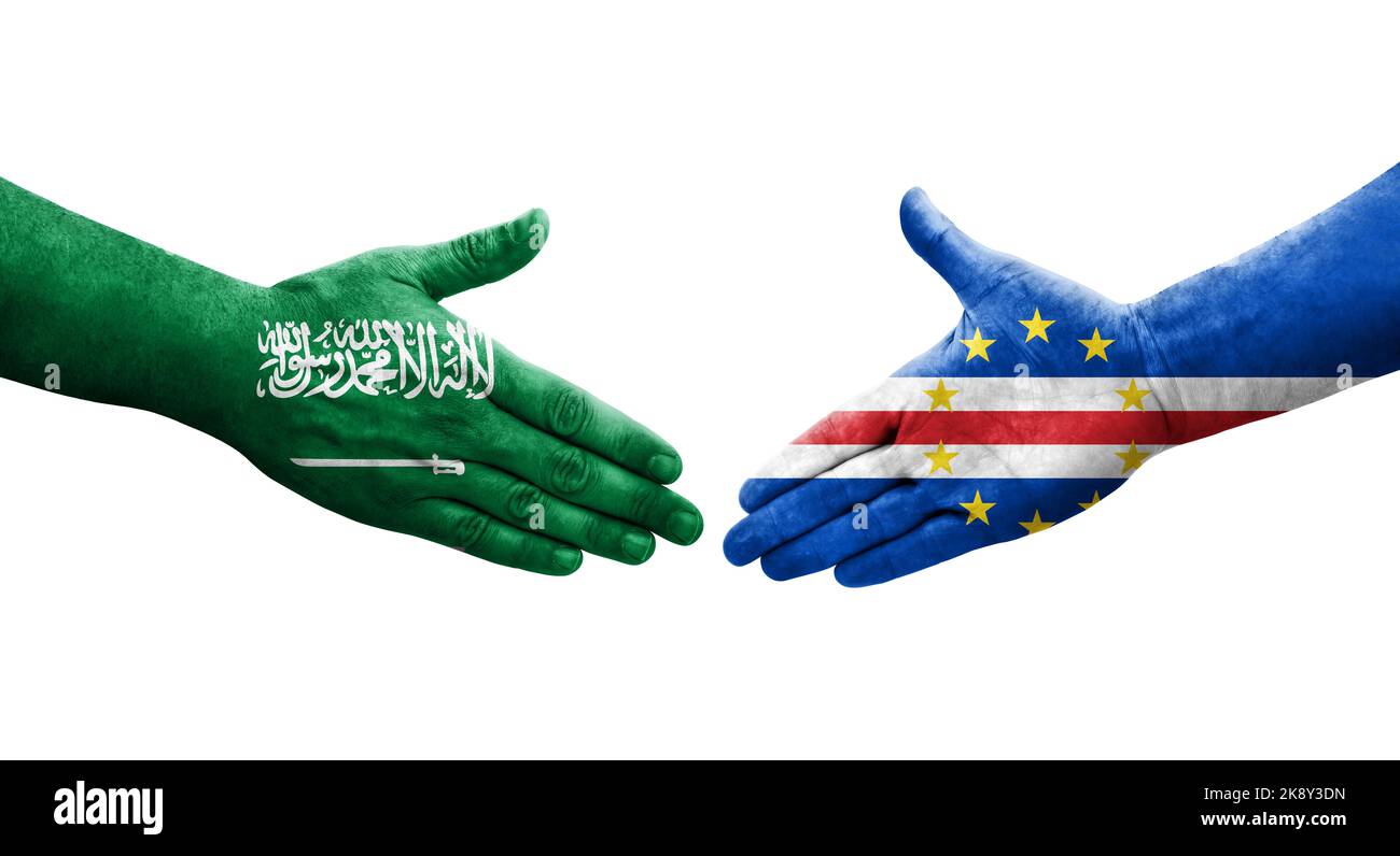 Handshake between Cape Verde and Saudi Arabia flags painted on hands ...