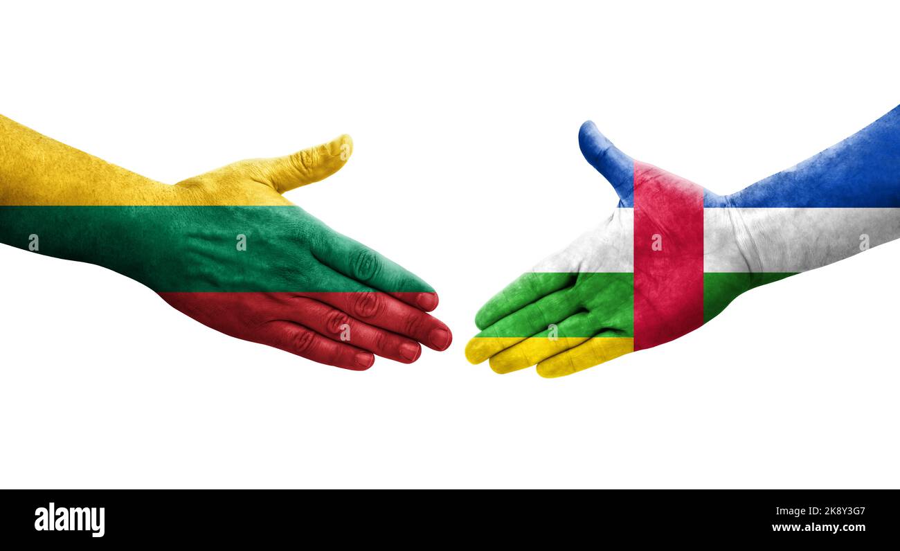 Handshake between Central African Republic and Lithuania flags painted ...
