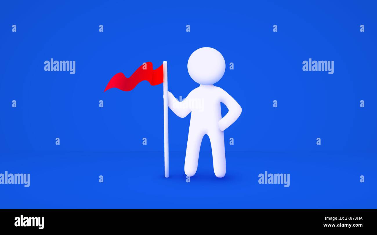 3d white cartoon man holding red flag. Goal achievement concept ...