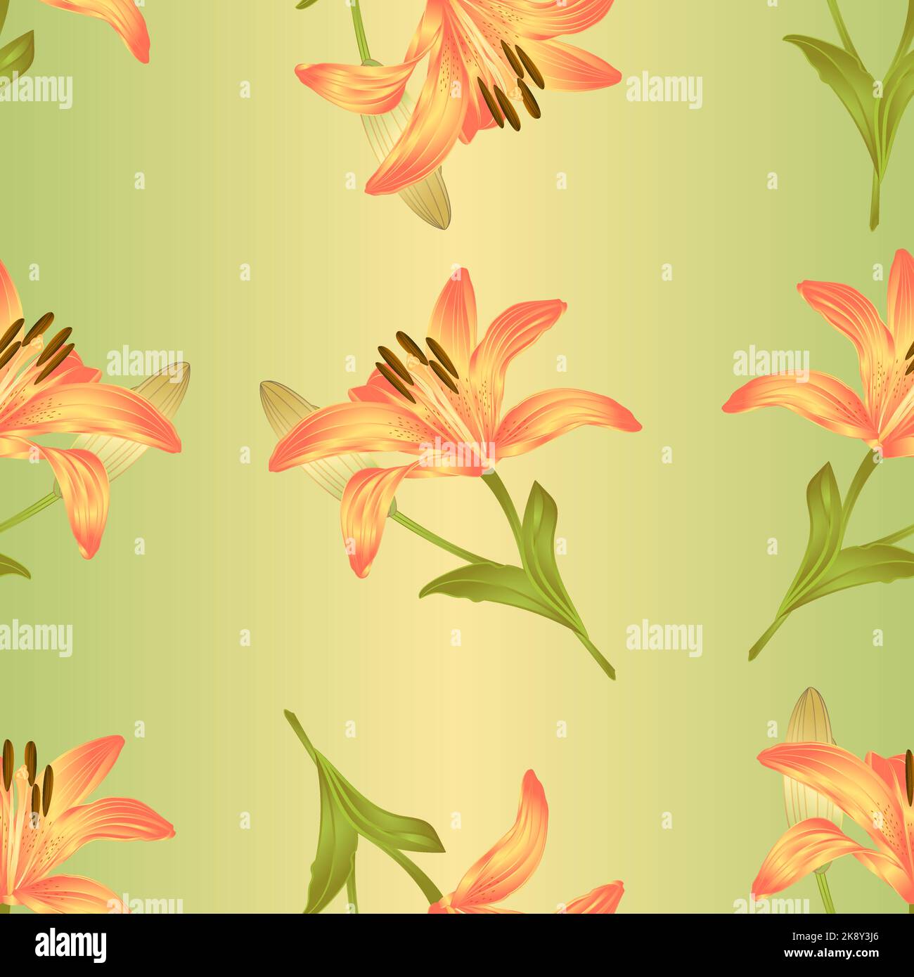 Seamless texture Lily a yellow flower and bud with leaves vector ...