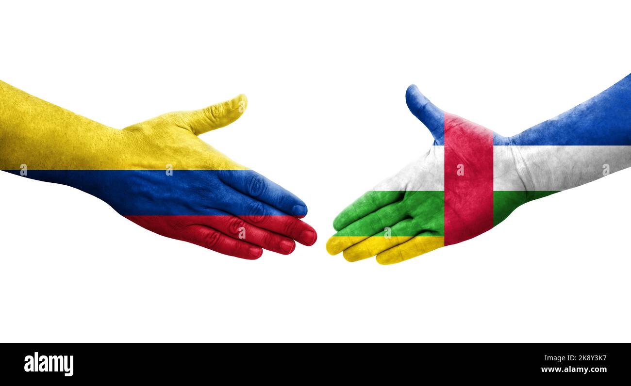 Handshake between Central African Republic and Colombia flags painted ...