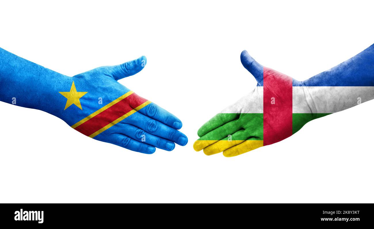 Handshake between Central African Republic and Dr Congo flags painted ...