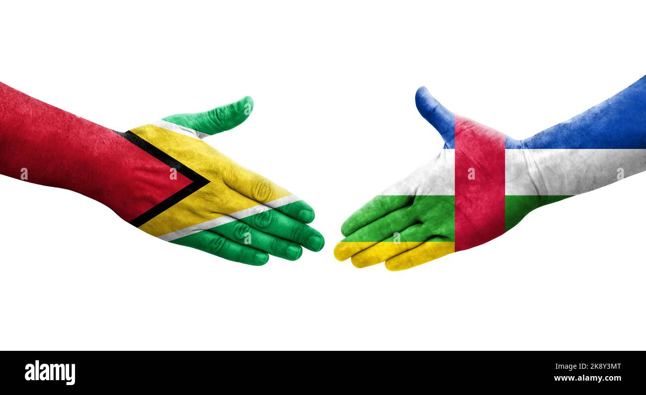 Handshake between Central African Republic and Guyana flags painted on ...