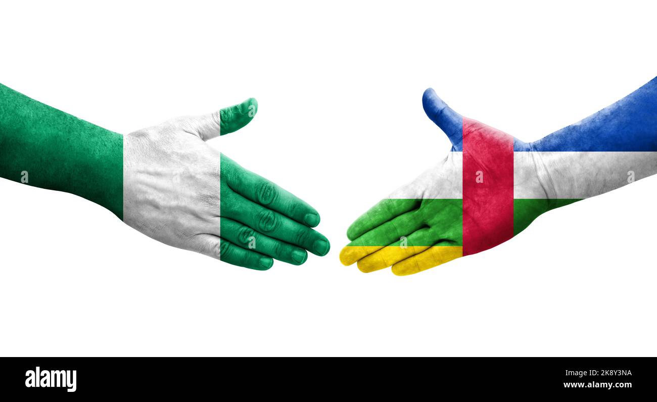 Handshake between Central African Republic and Nigeria flags painted on ...