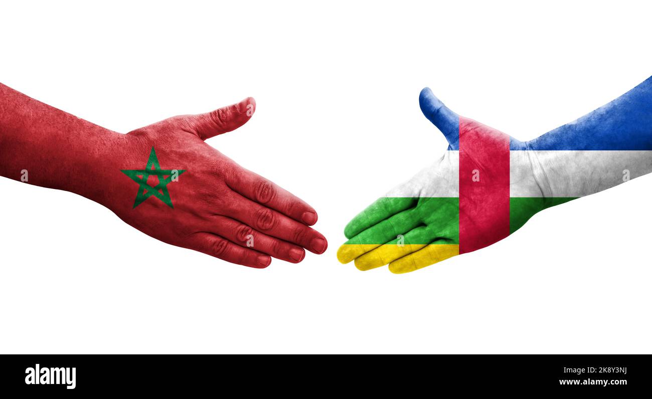 Handshake between Central African Republic and Morocco flags painted on ...