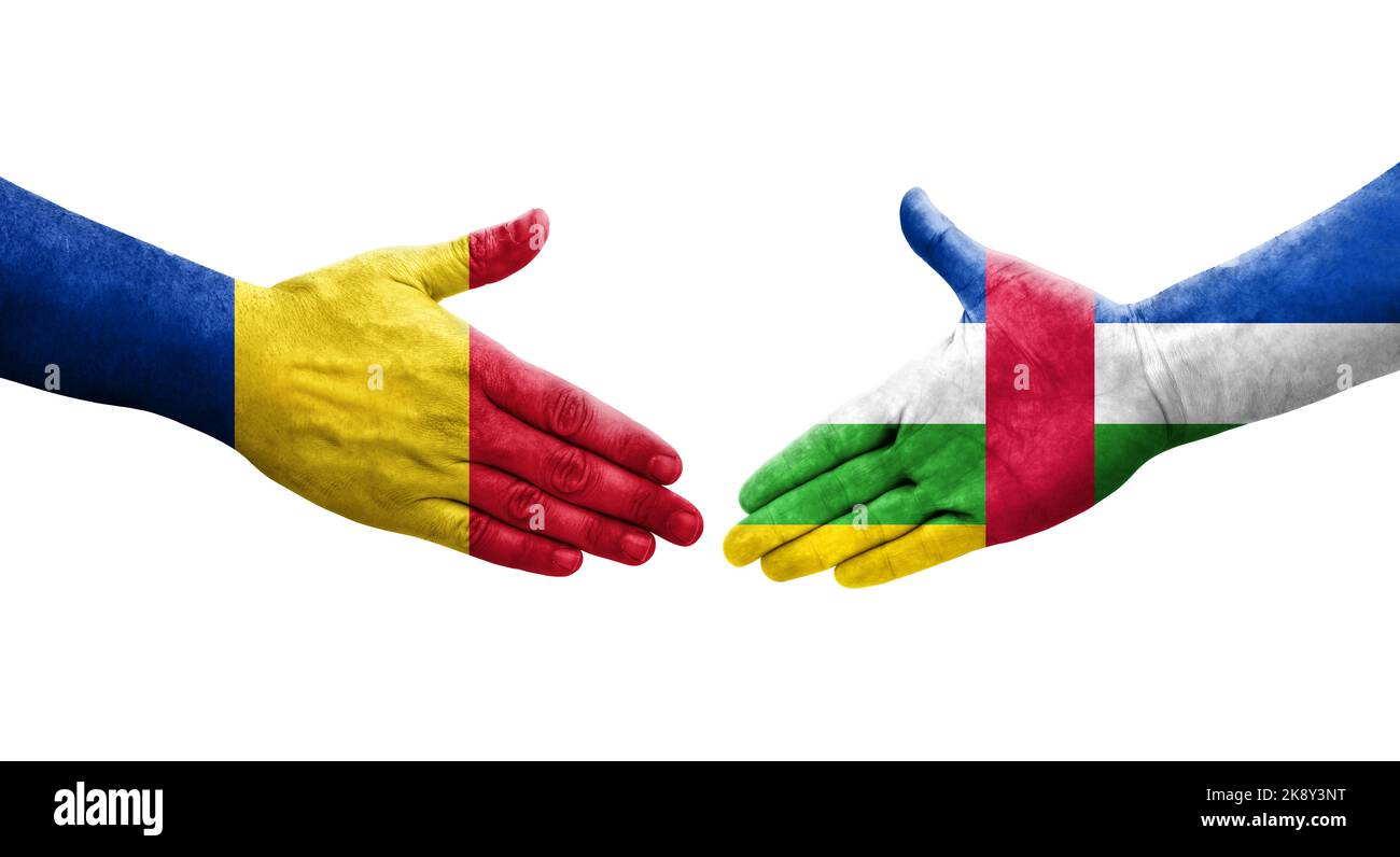 Handshake between Central African Republic and Romania flags painted on ...