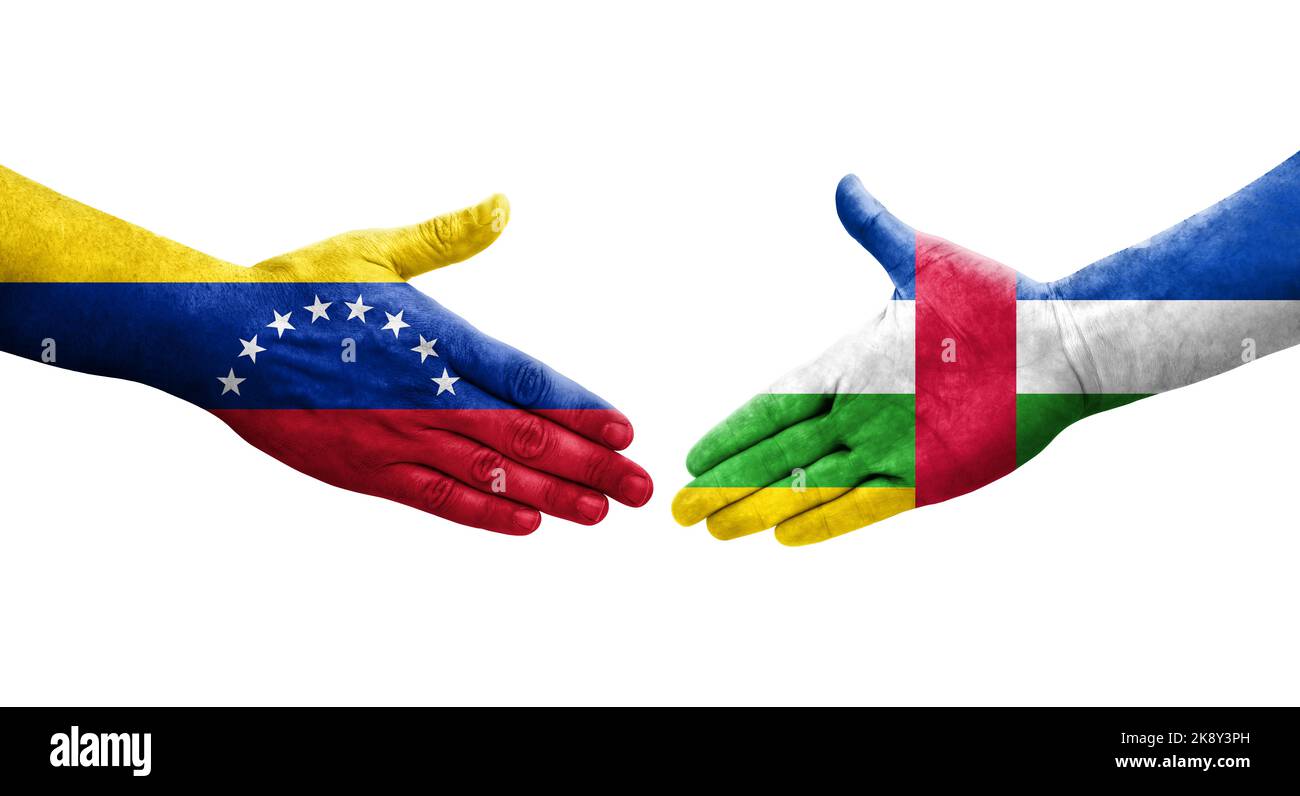 Handshake between Central African Republic and Venezuela flags painted ...