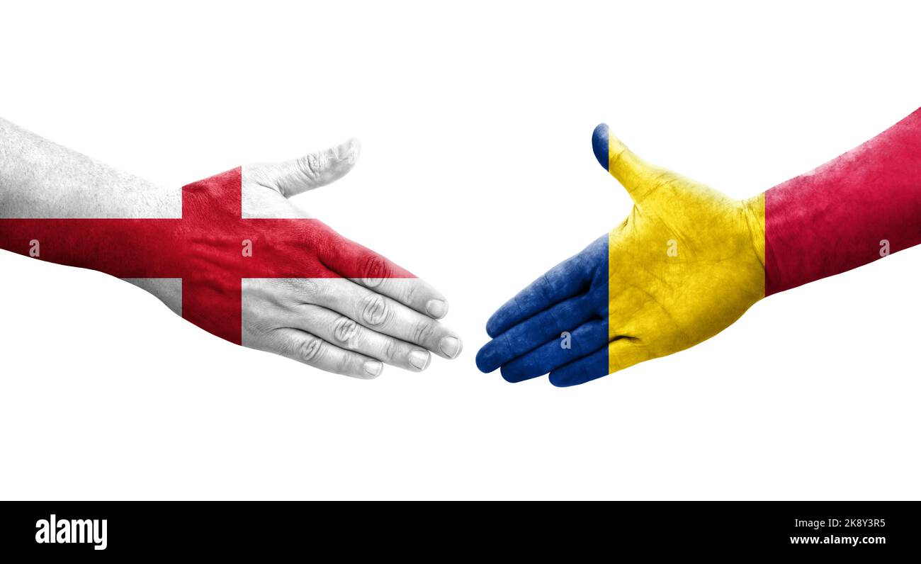 Handshake between Chad and England flags painted on hands, isolated ...