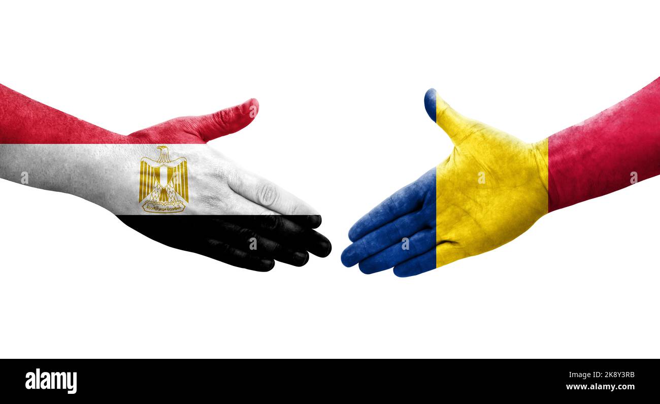 Handshake between Chad and Egypt flags painted on hands, isolated ...