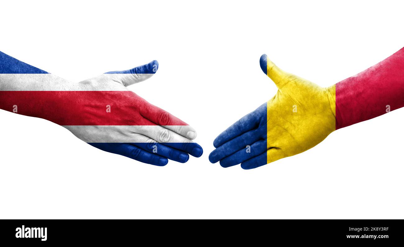 Handshake between Chad and Costa Rica flags painted on hands, isolated ...