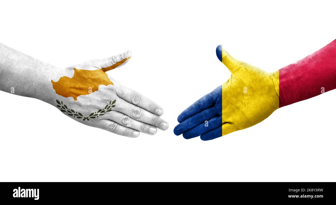 Handshake between Chad and Cyprus flags painted on hands, isolated ...