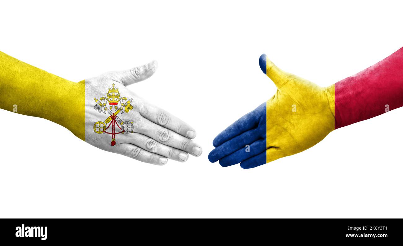 Handshake between Chad and Holy See flags painted on hands, isolated ...
