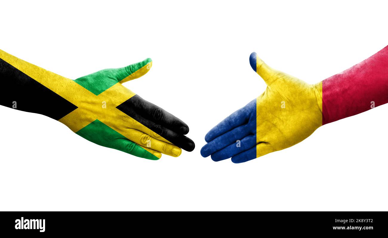 Handshake between Chad and Jamaica flags painted on hands, isolated ...