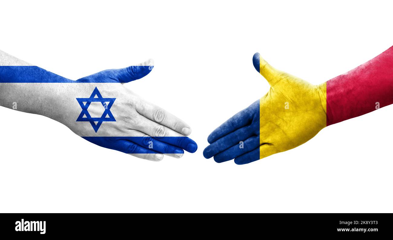 Handshake between Chad and Israel flags painted on hands, isolated ...