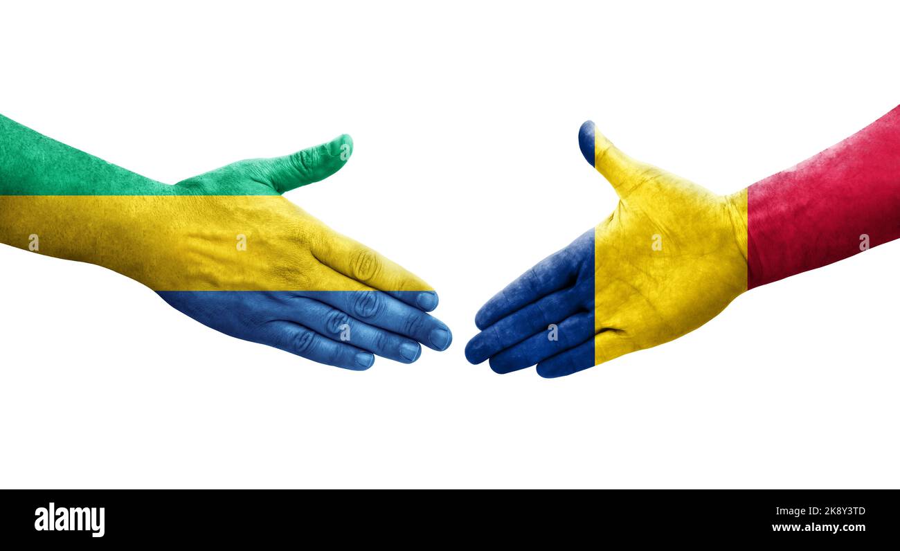 Handshake between Chad and Gabon flags painted on hands, isolated ...