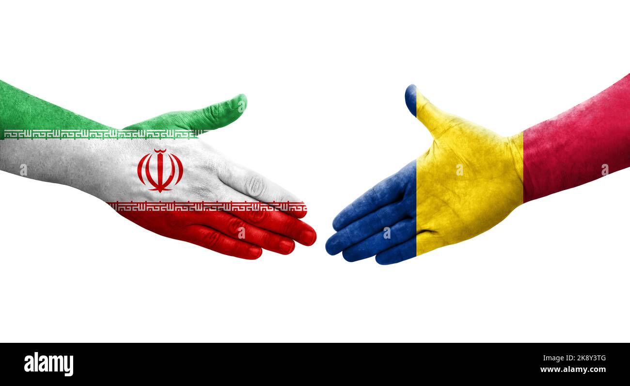 Handshake between Chad and Iran flags painted on hands, isolated ...