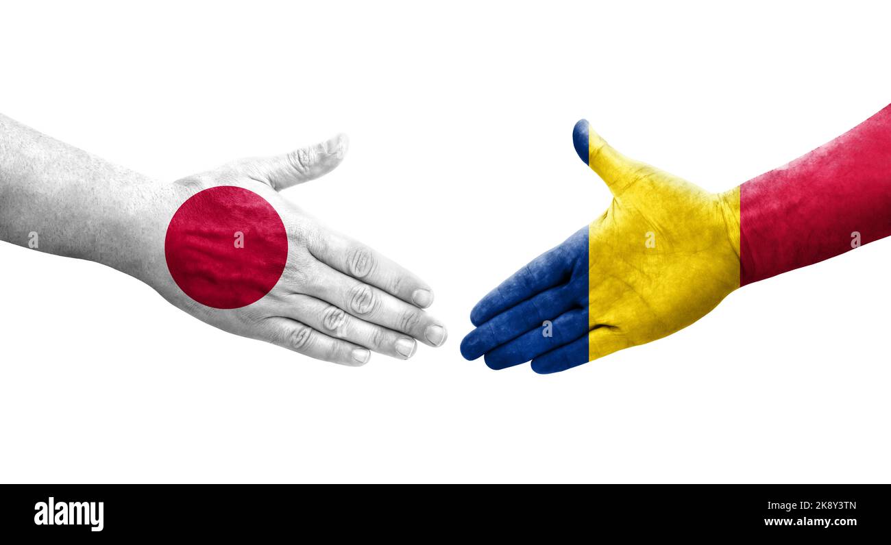 Handshake between Chad and Japan flags painted on hands, isolated ...