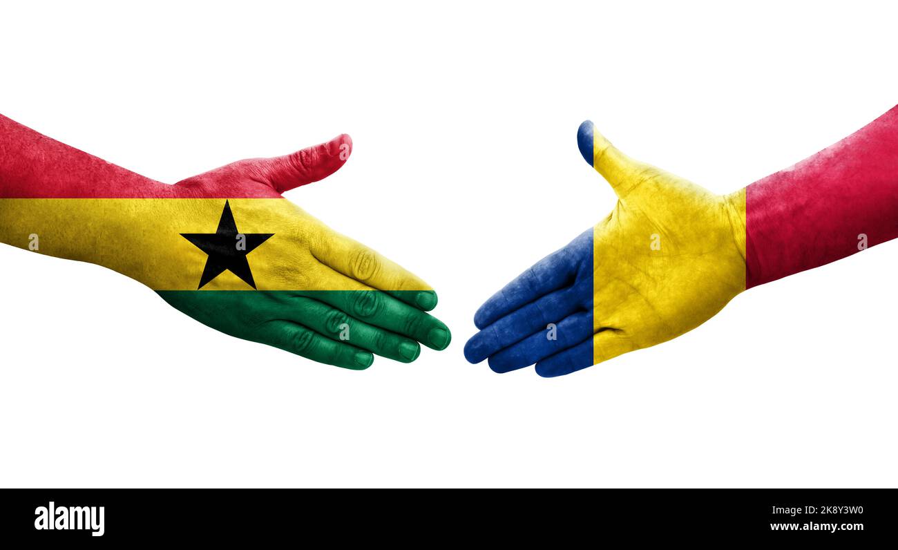 Handshake between Chad and Ghana flags painted on hands, isolated ...