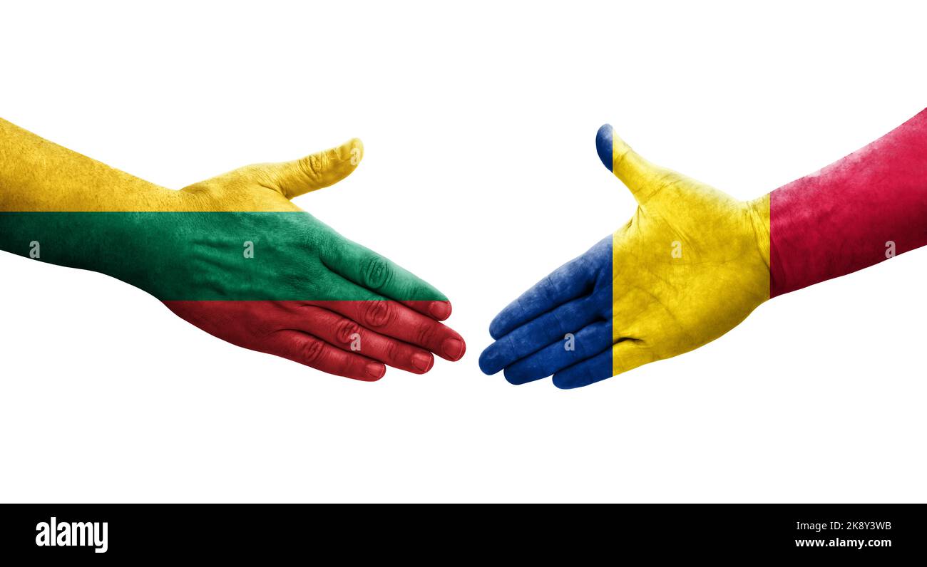 Handshake between Chad and Lithuania flags painted on hands, isolated ...