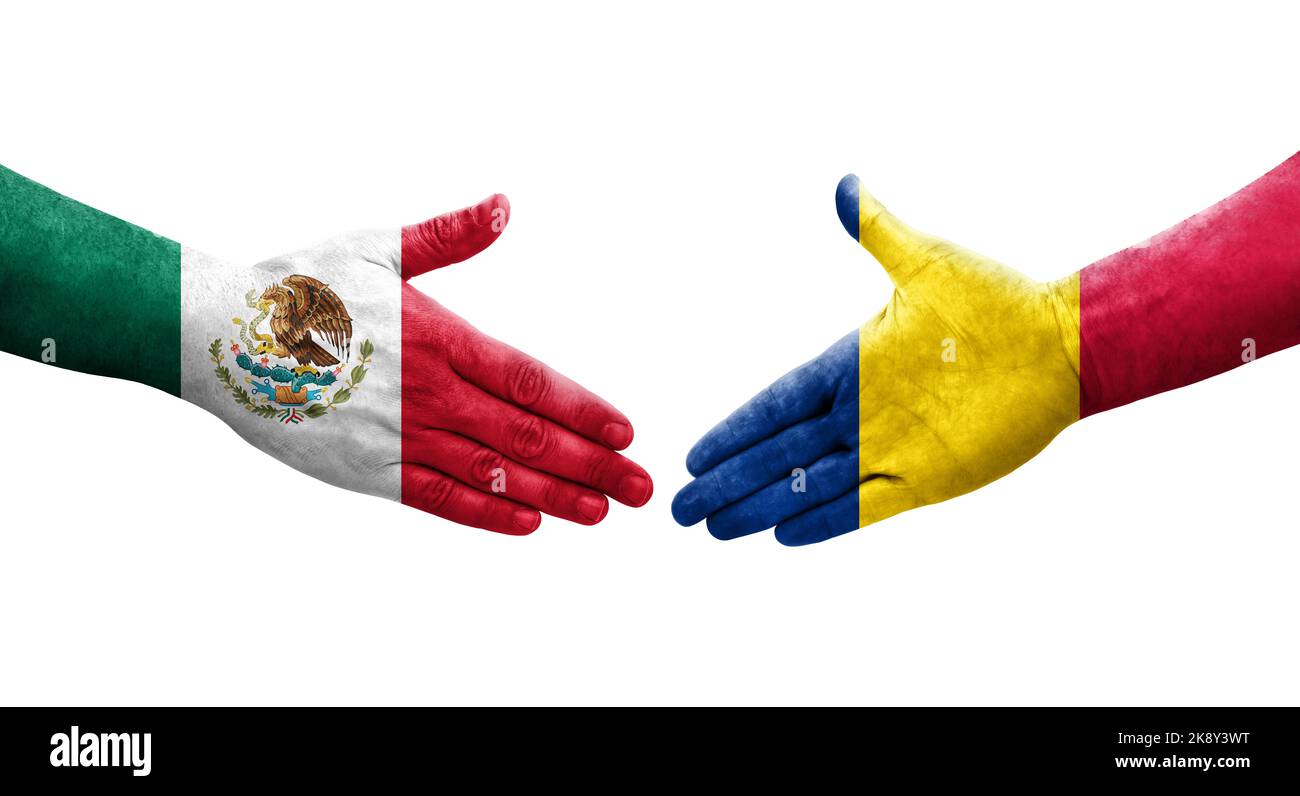 Handshake between Chad and Mexico flags painted on hands, isolated ...